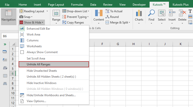 Quickly unhide all rows and columns in Excel