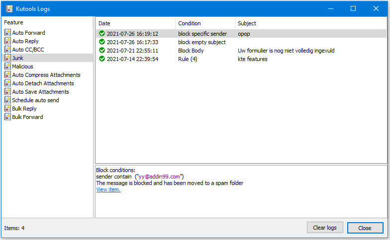 Record the results for the automatic operations of Kutools for Outlook