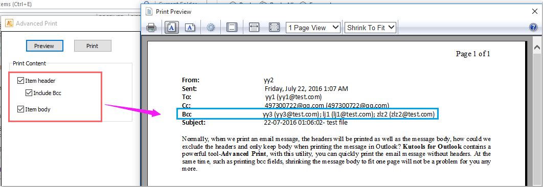 Quickly print Email Without Header Or Including Bcc Field In Outlook