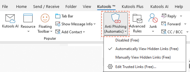 Anti-phishing protection for Outlook: Reveal hidden links