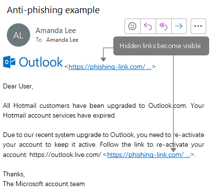 Anti-phishing protection for Outlook: Reveal hidden links