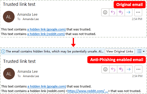 Anti-phishing protection for Outlook: Reveal hidden links