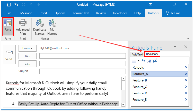 Easily insert and manage bookmarks in an Outlook email