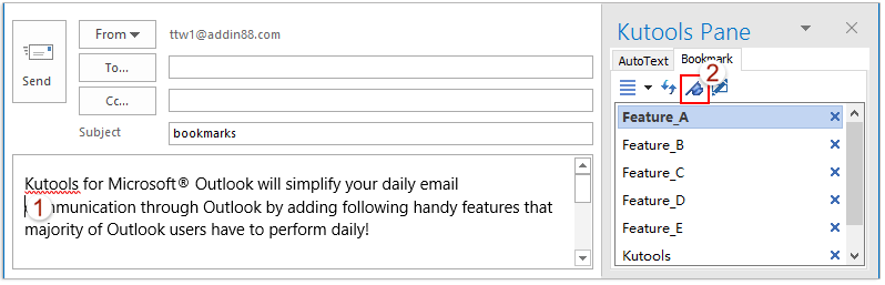 Easily insert and manage bookmarks in an Outlook email