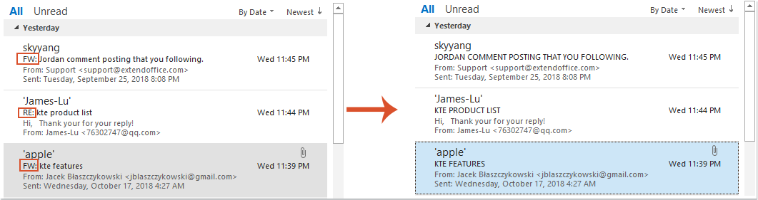 Quickly remove the prefixes such as FW / RE from selected email subjects in Outlook