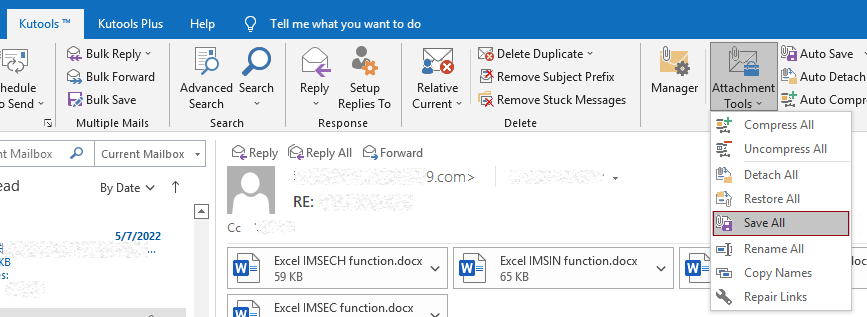 Quickly save all attachments from multiple or all emails in Outlook