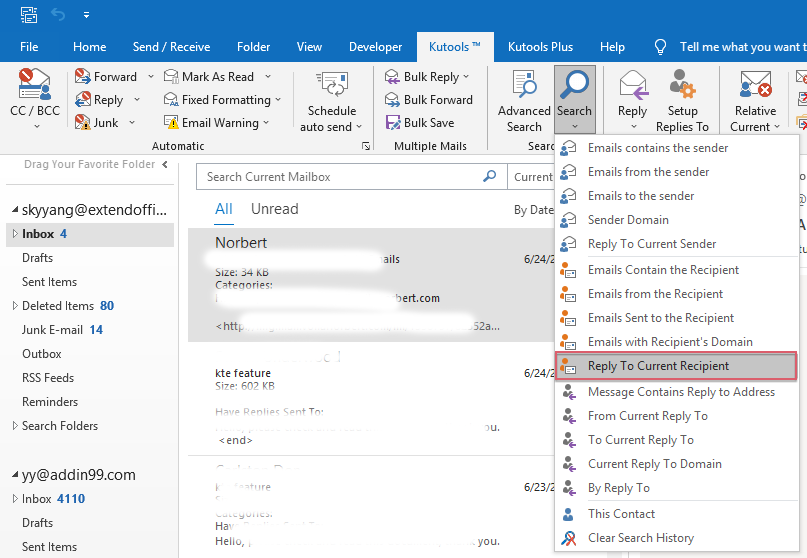 Search all emails whose reply to address is the selected message ...