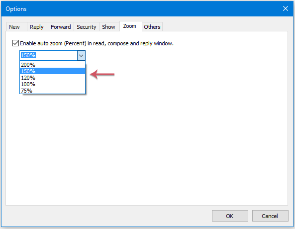 Quickly set/change default text zoom in Outlook