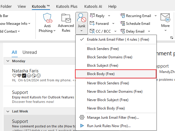 Easily block email by content of message in Outlook