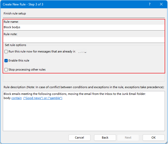 Easily block email by content of message in Outlook