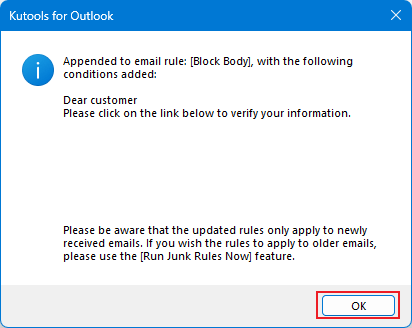 Easily block email by content of message in Outlook