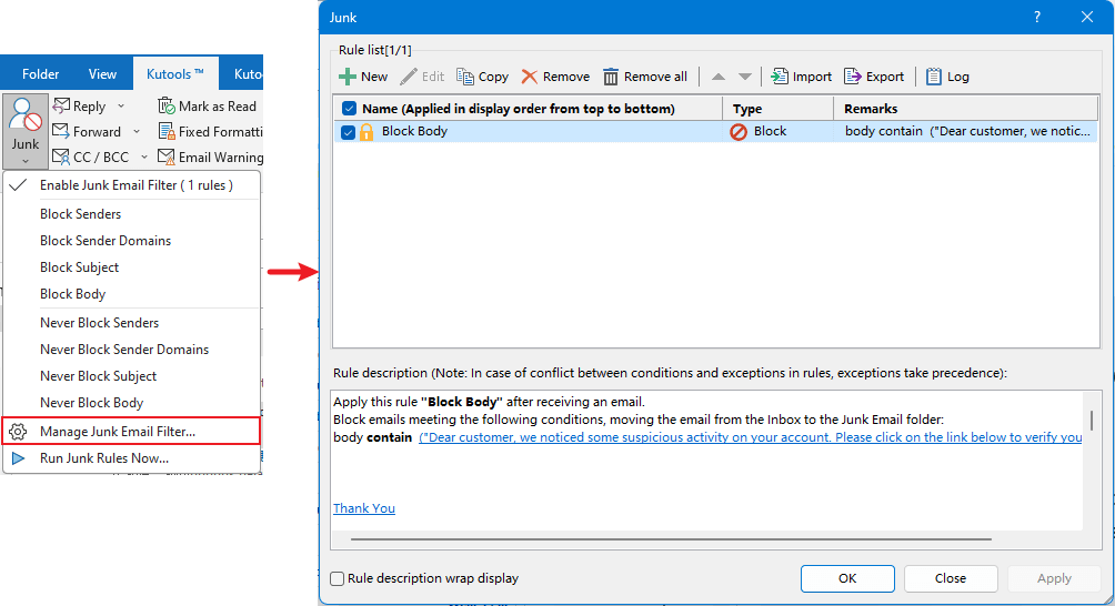 Easily block email by content of message in Outlook