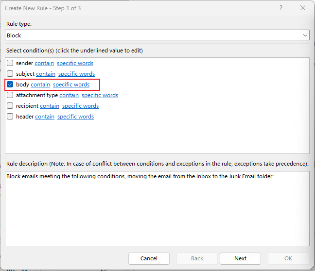 Easily block email by content of message in Outlook