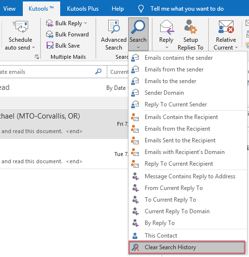 单击以清除Outlook中的最近搜索历史记录