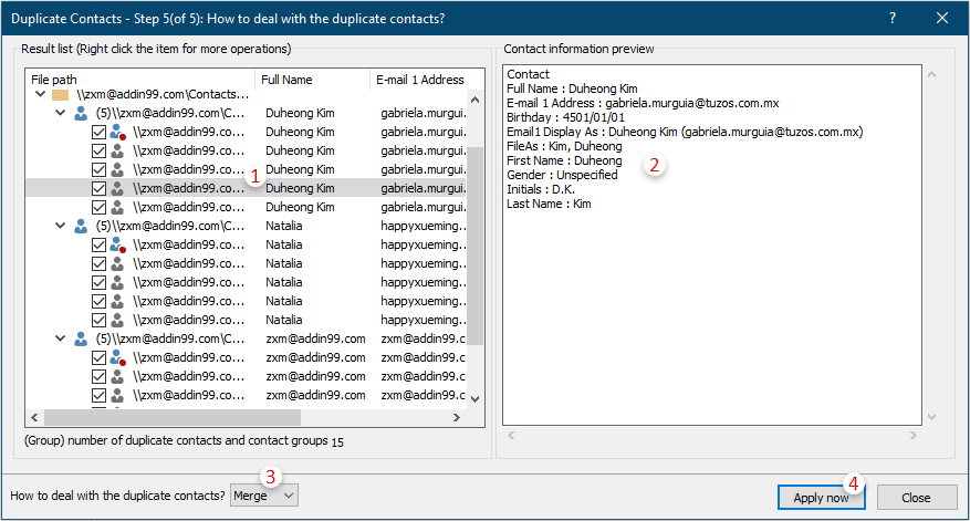 Easily merge duplicate contacts in specified contacts folder in Outlook