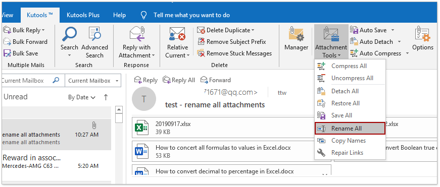 Quickly rename all attachments of one message in Outlook
