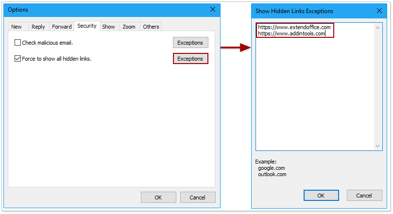 Easily show hidden links in messages in Outlook