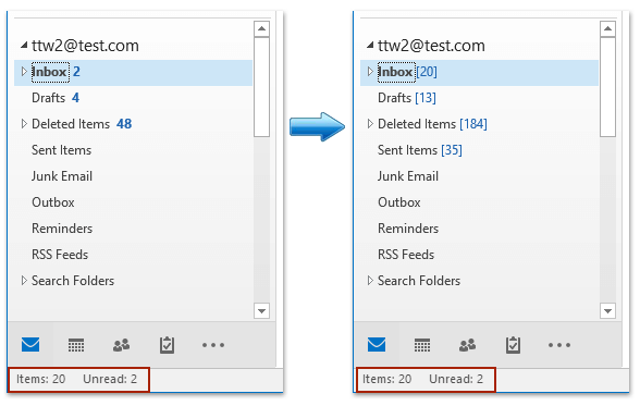 Quickly show total numbers of items or numbers of unread items in all Outlook folders