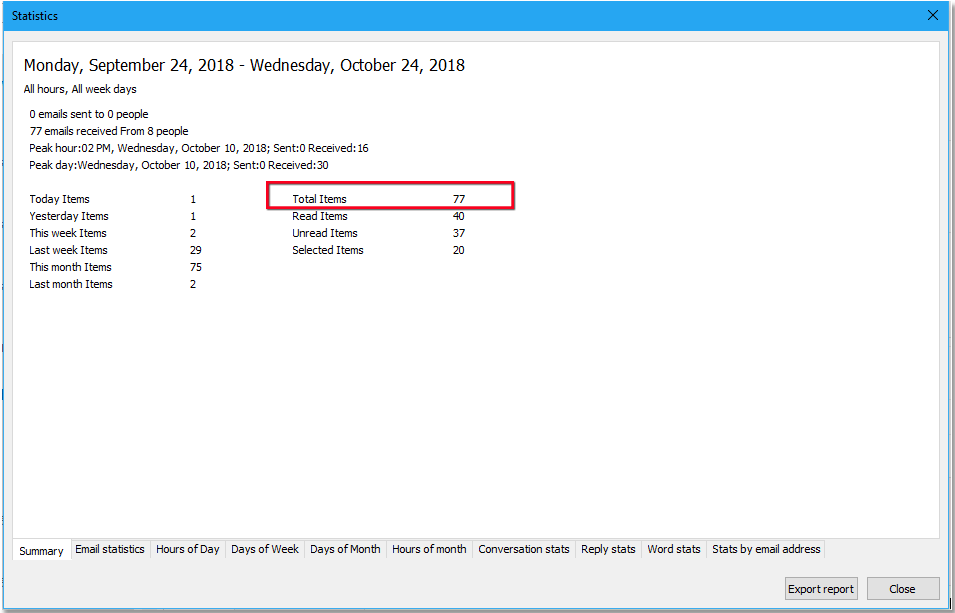 Quickly statistic and count emails/items in Outlook