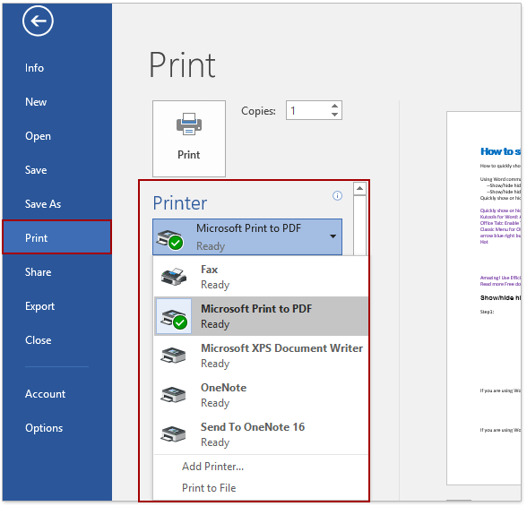 Quickly print multiple documents and document information in Word