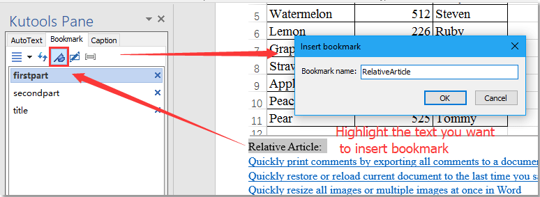 Quickly list all bookmark names and navigate between bookmarks in Word