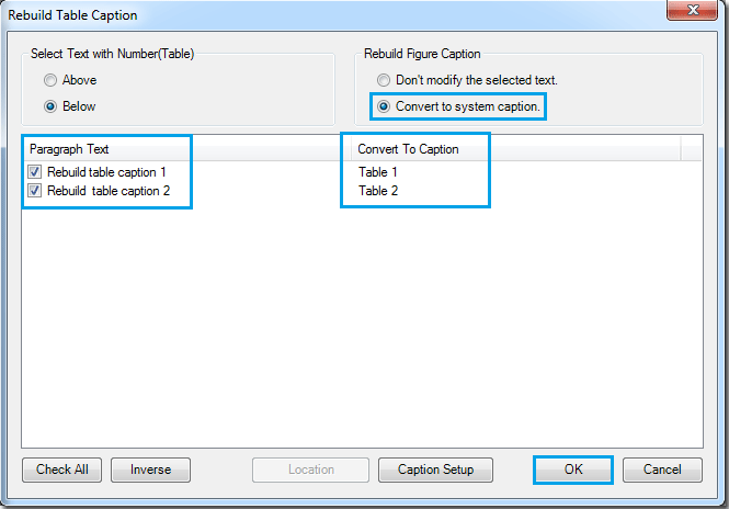Easily convert text to caption for all tables in Word