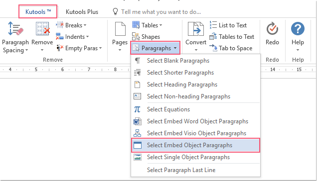 Quickly select all paragraphs which have embedded objects in Word